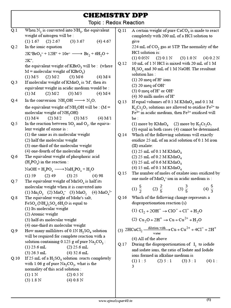 Redox Reaction 2 DPP | PDF | Redox | Chlorine