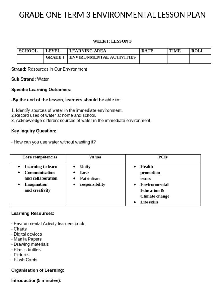 Grade 1 Water Conservation Lesson Plan | PDF | Learning | Creativity