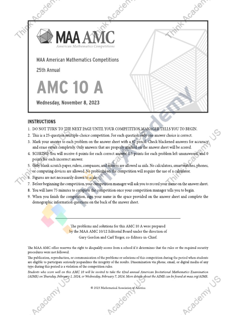 2023 AMC 10A Solutions ThinkAcademy | PDF | Perpendicular | Circle