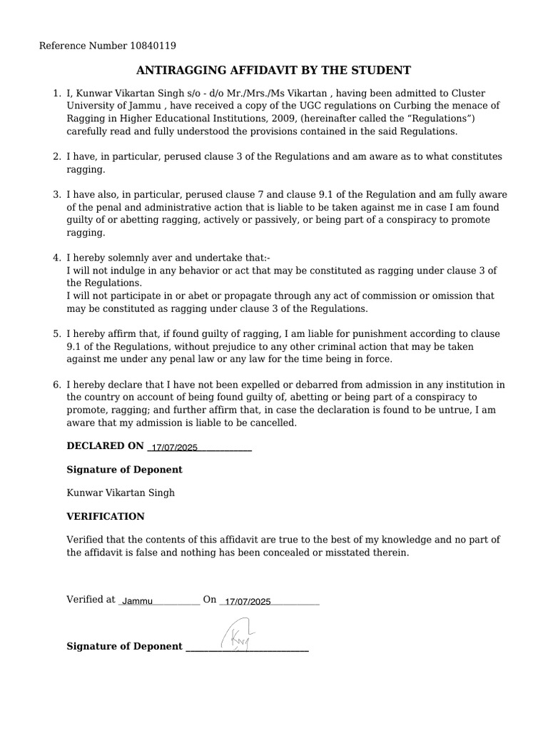 Anti Ragging Affidavit Form | PDF