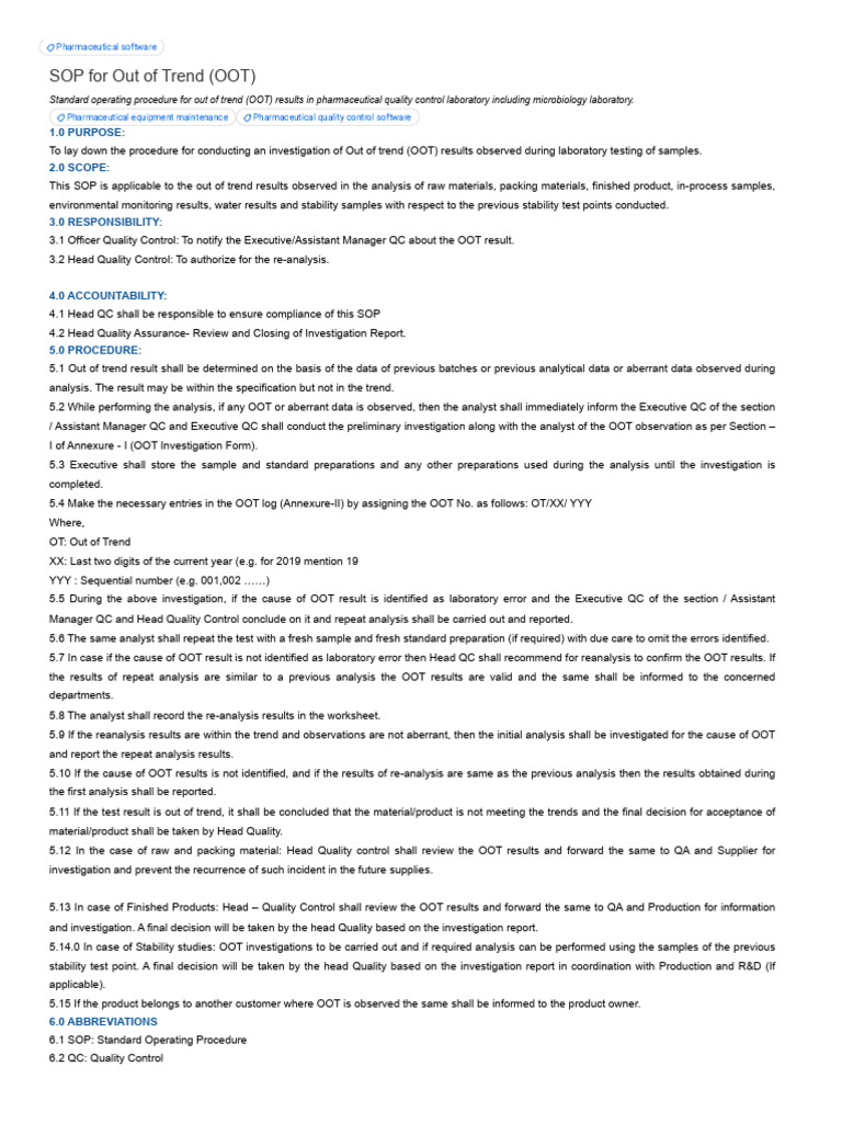 SOP for Out of Trend Results in Pharma | PDF