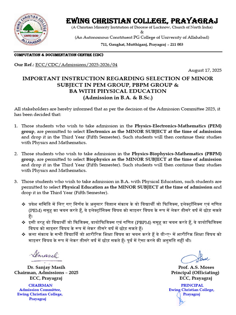 Important Instruction Regarding Selection of Minor Subject in Pem Group ...