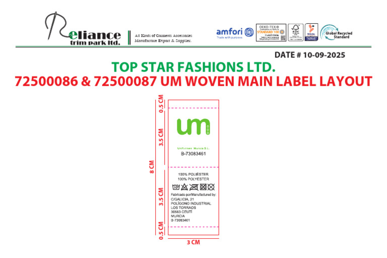 Woven Main Label Layout For Your Approval Against Proesp 72500086 ...