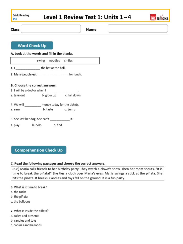 Bricks Reading 150 - L1 - Review Test 1 (Units 01-04) | PDF