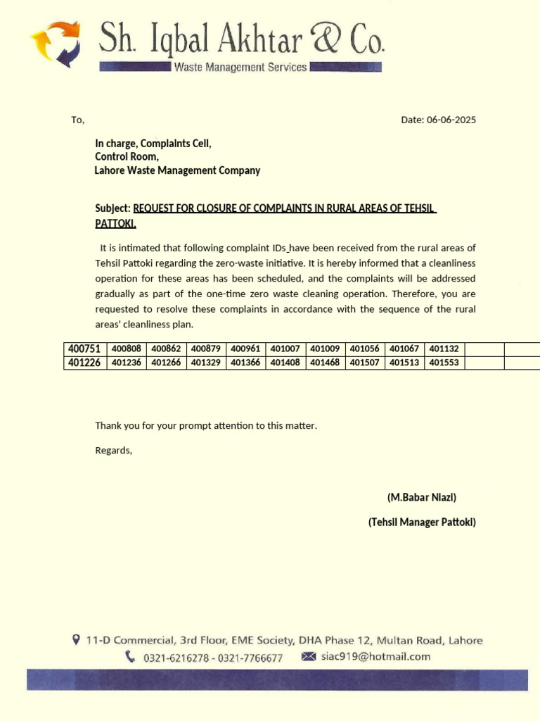 Closure Request for Pattoki Complaints | PDF