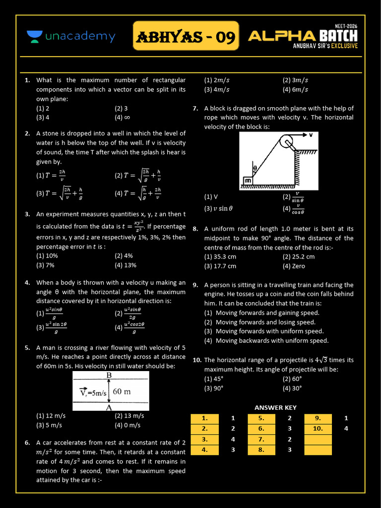 Abhyas Sheet - 09 (Alpha Batch-2026) | PDF | Projectiles | Velocity