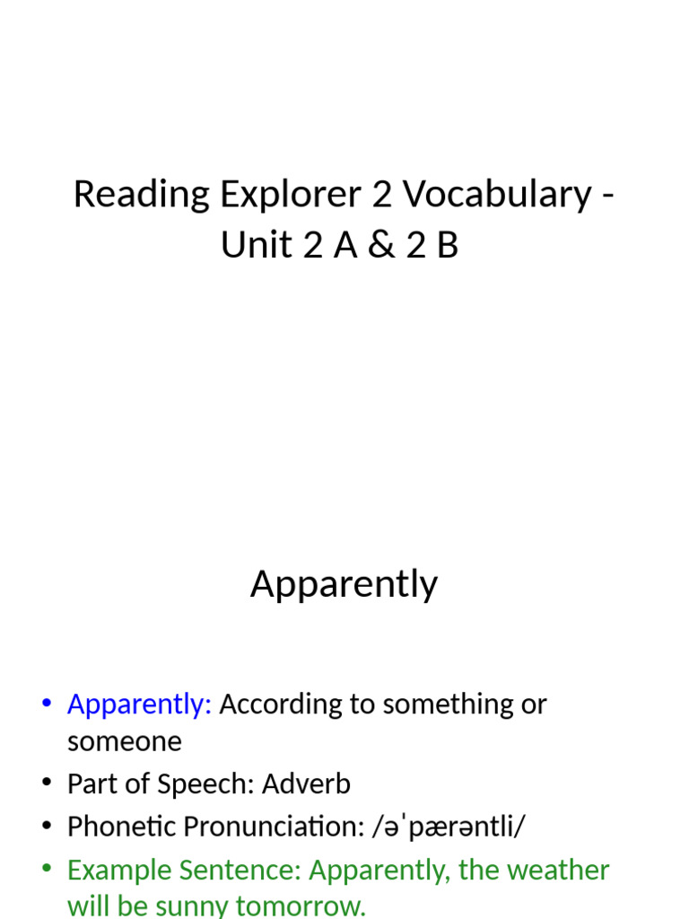 Vocabulary for Reading Explorer 2 Units | PDF | Part Of Speech | Adjective