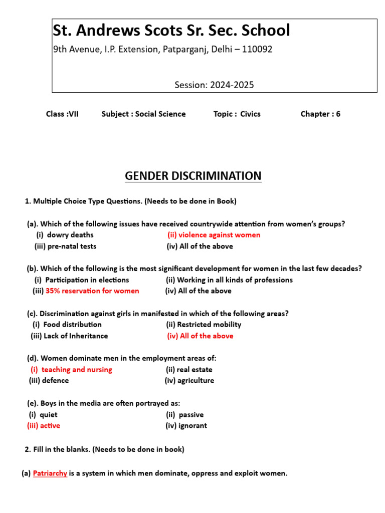 Gender Discrimination in Civics Class VII | PDF | Discrimination | Gender