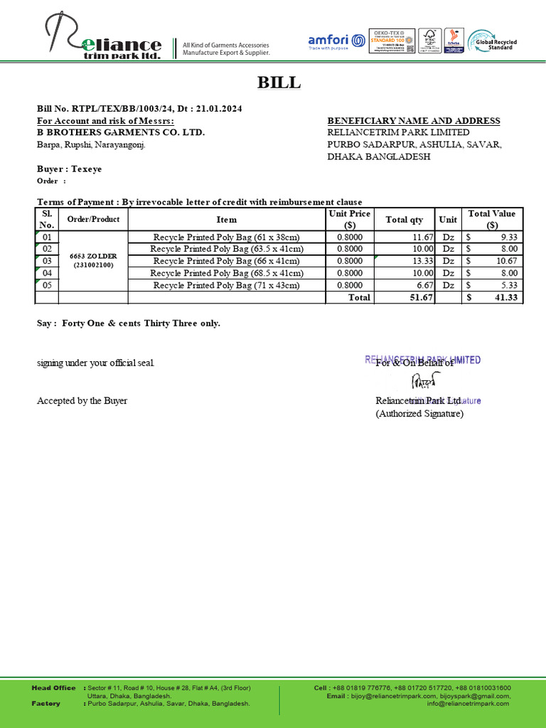 Reliancetrim Park Garments Invoice | PDF | Business