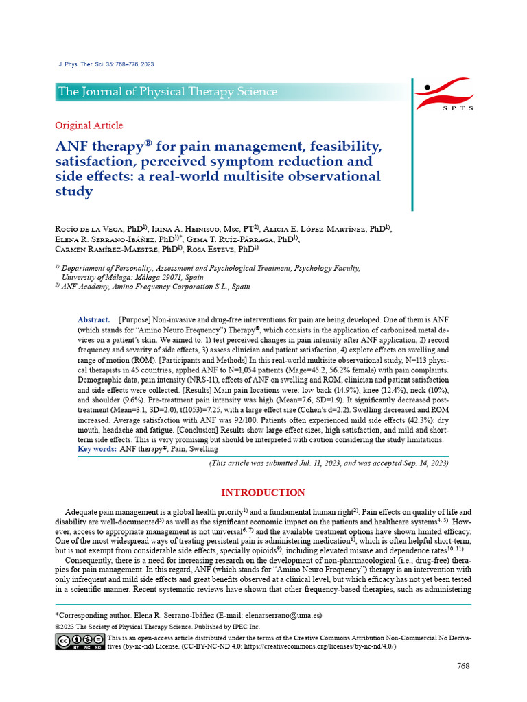 ANF Therapy For Pain Management, Feasibility, Satisfaction, Perceived ...
