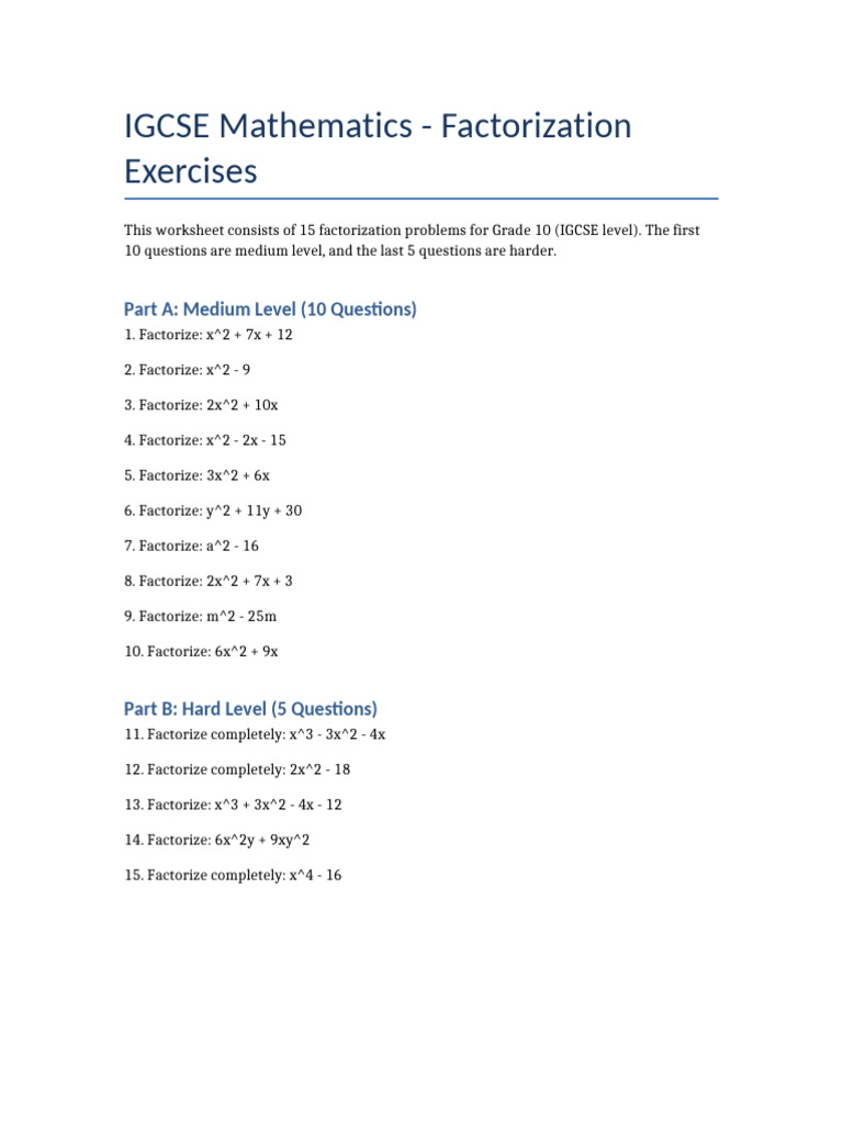IGCSE Factorization Worksheet | PDF