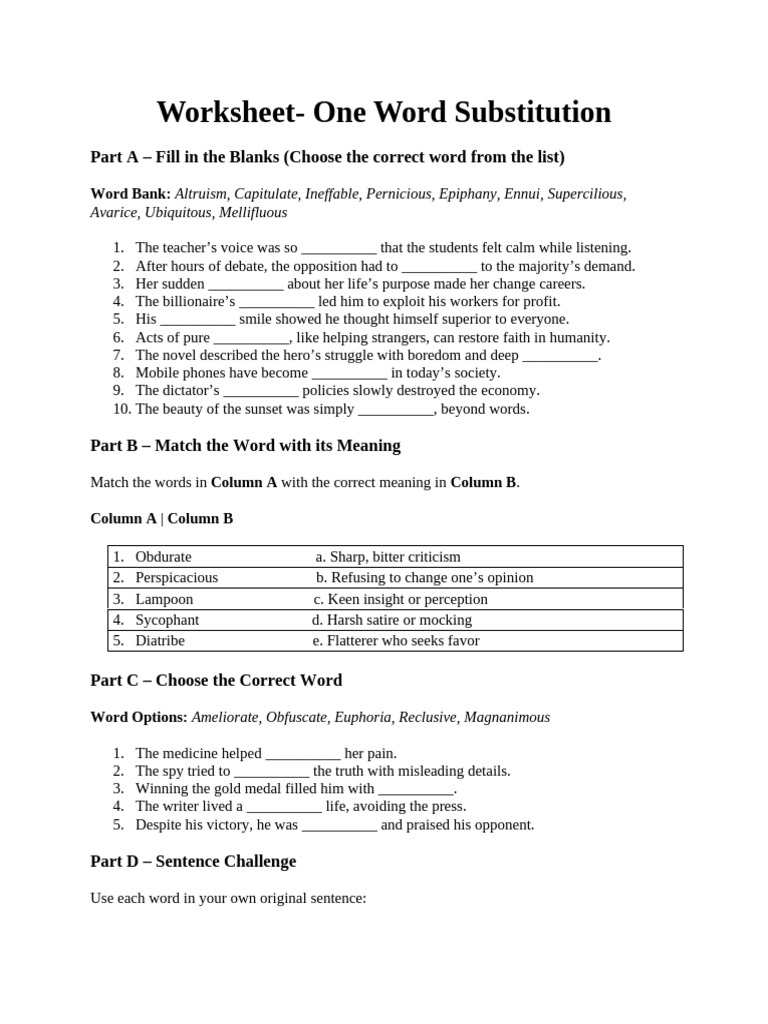 Worksheet-One Word Substitution | PDF