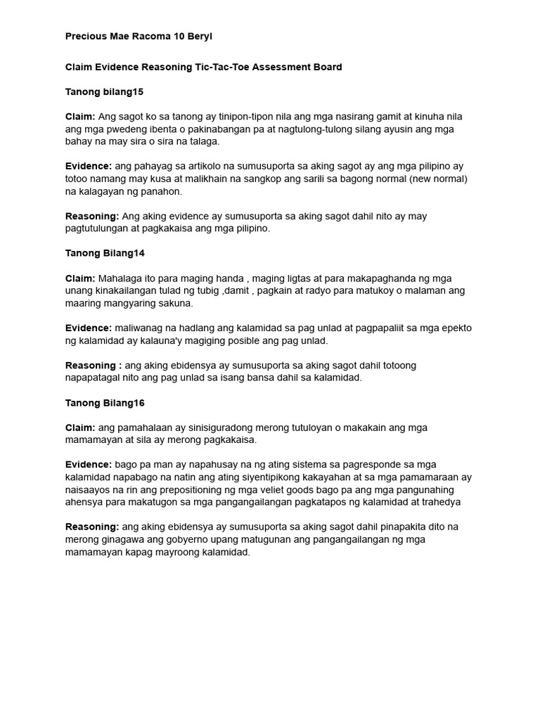 Precious Mae Racoma - Claim Evidence Reasoning Tic-Tac-Toe Assessment ...