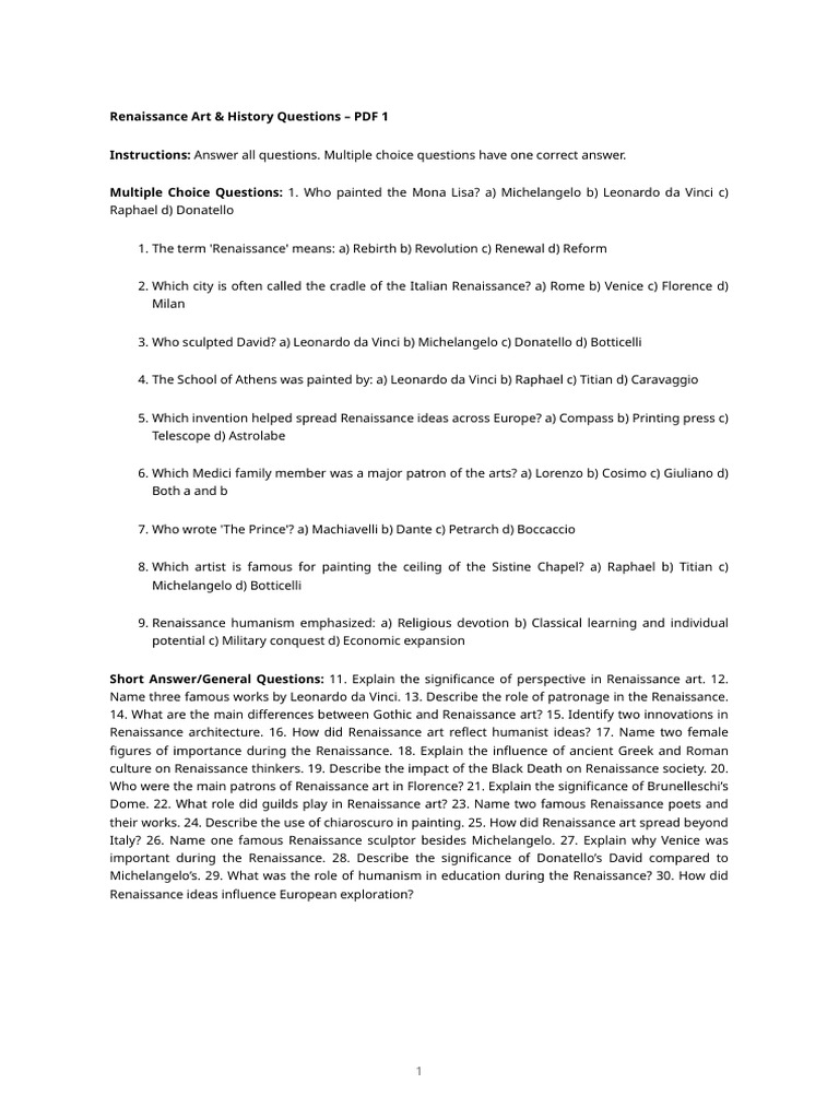Renaissance Questions Pdf1 | PDF | Renaissance | Renaissance Art