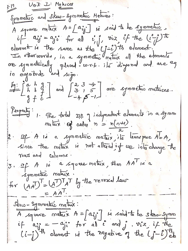 Unit I - Matrices and Quadratic Forms - Notes of Lesson | PDF