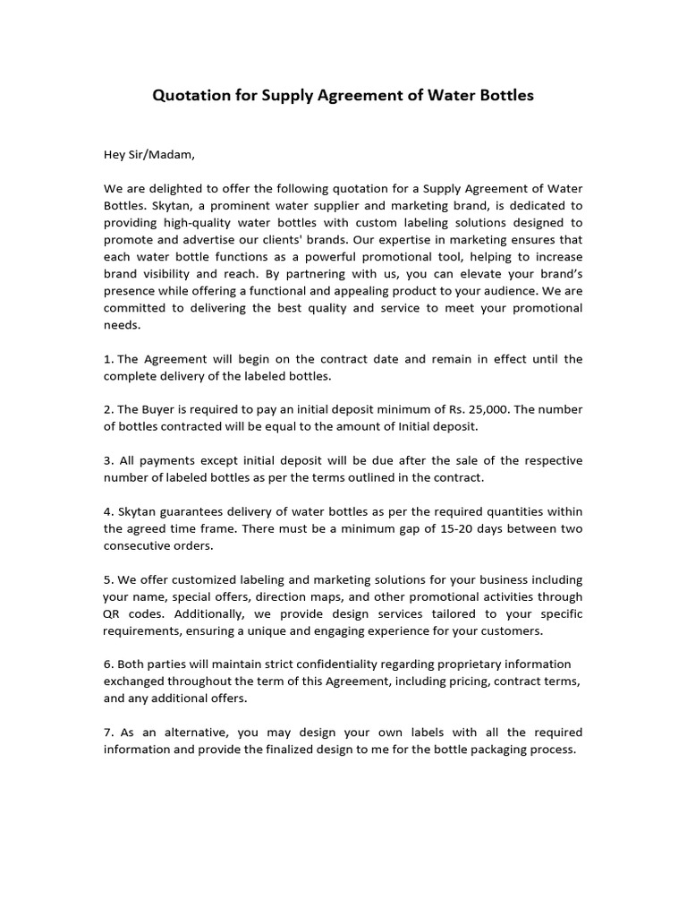 Water Bottle Supply Agreement Quotation | PDF | Brand | Marketing
