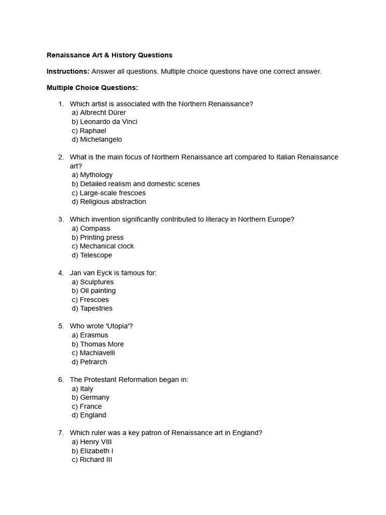 Northern Renaissance Art Quiz Questions | PDF | Renaissance ...