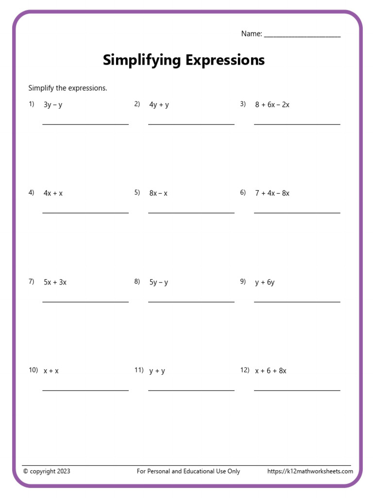Simplifying Algebraic Expressions Worksheet | PDF
