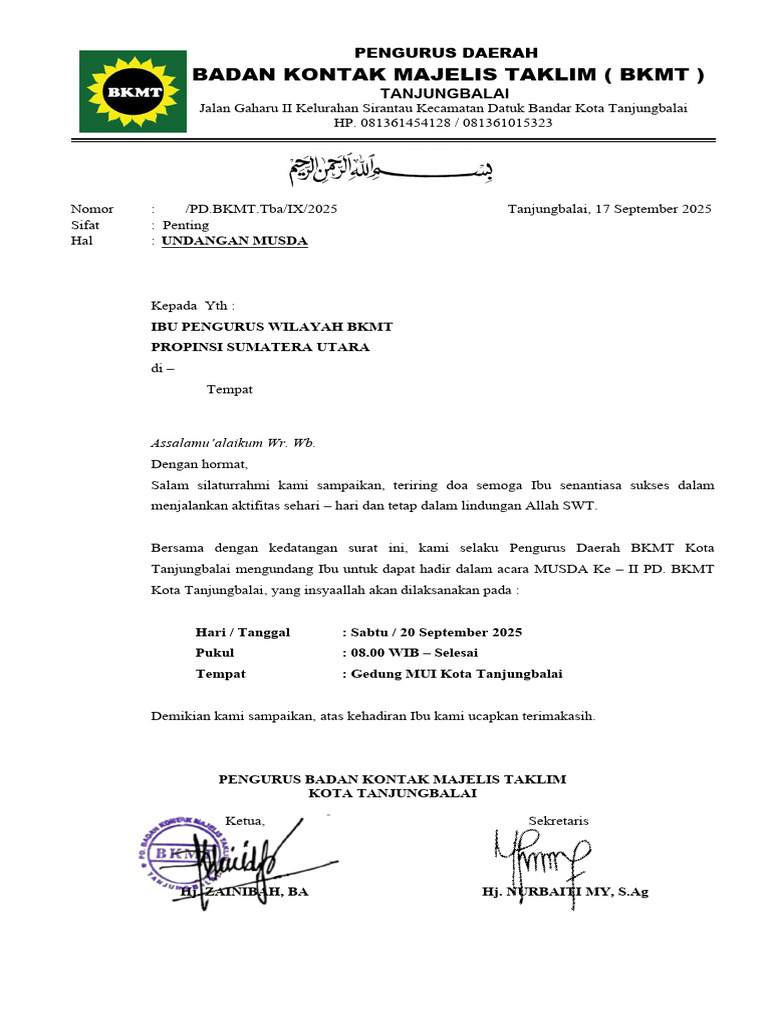 Undangan MUSDA II BKMT Tanjungbalai | PDF