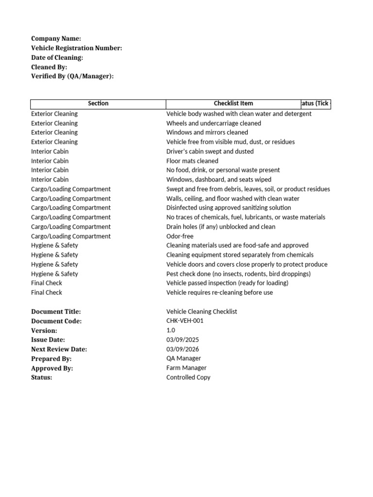 Vehicle Cleaning Checklist With Header Footer | PDF