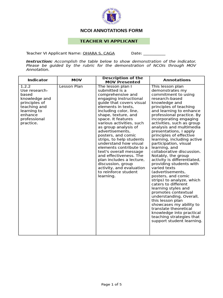 NCOI Annotations Form For Teacher VI Applicant CAGA | PDF | Lesson Plan | Learning