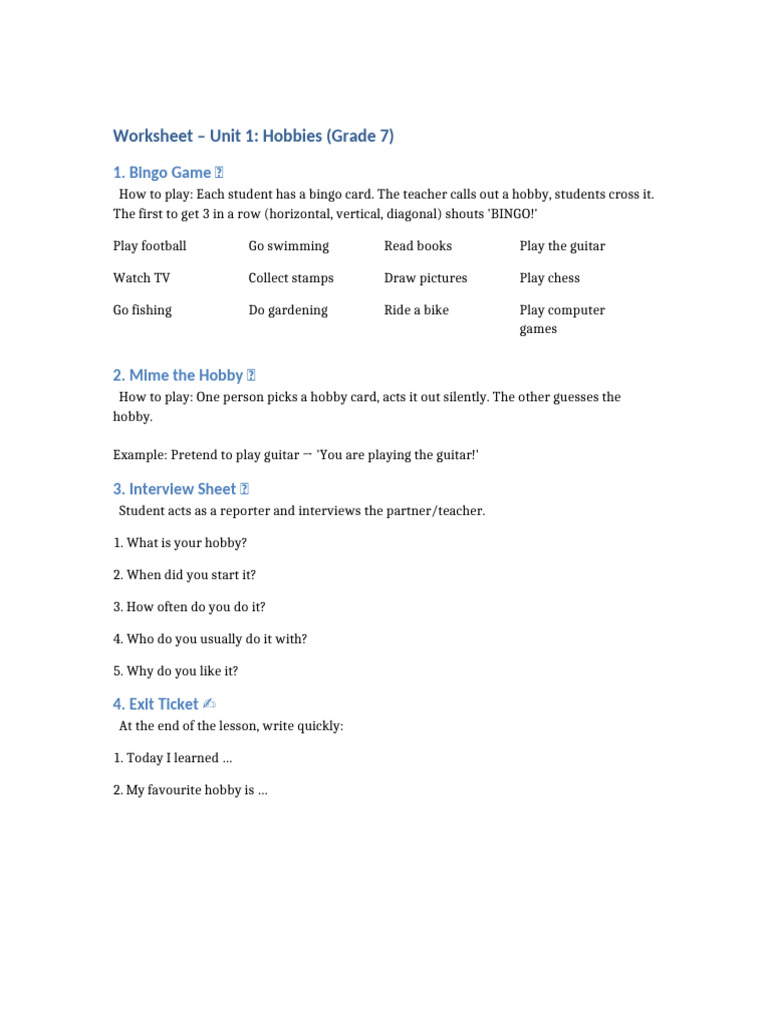 Unit1 Hobbies Worksheet | PDF