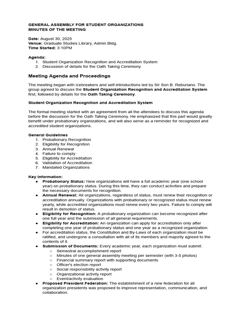 General Assembly Student Orgs Minutes 08-30-24 | PDF