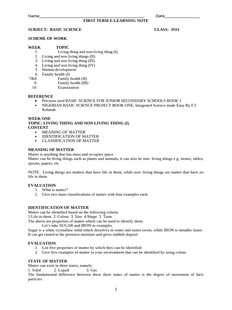 JSS1 Basic Science: Matter Overview | PDF | Foods | Gases