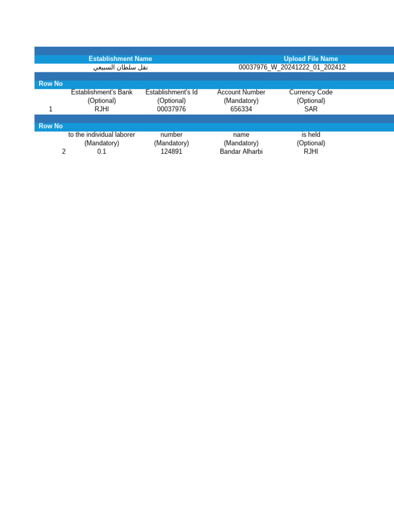 Upload Details Header Section: Establishment Name Upload File Name | PDF