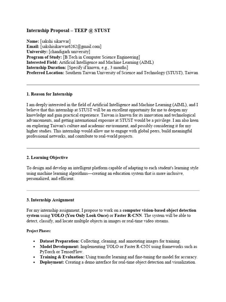Internship Proposal in AI & Machine Learning | PDF | Augmented Reality ...