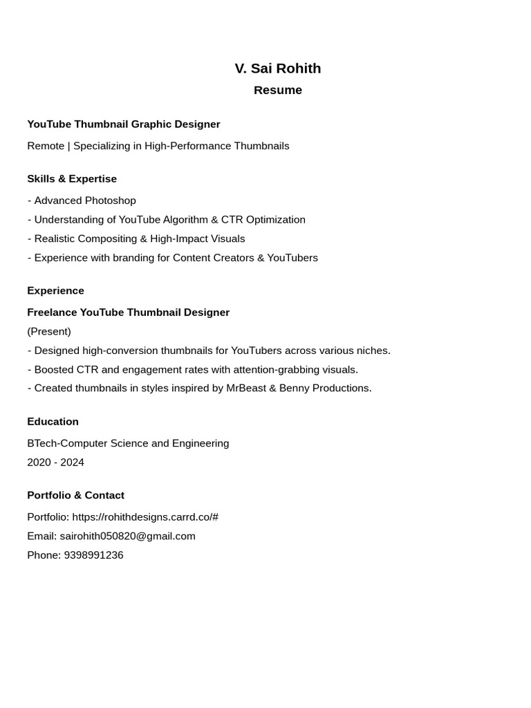 Sai Rohith Youtube Thumbnail Designer Resume | PDF
