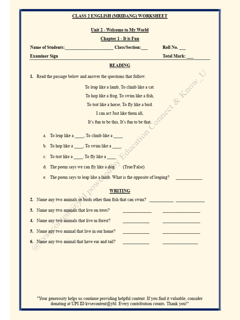 Class 2 English (Mridang) Unit 2 Welcome To My World Chpater 1 It Is Fun Worksheet | PDF | Chess ...