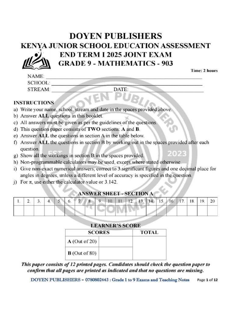 Grade 9 Mathematics End Term 1 2025 Exam | PDF