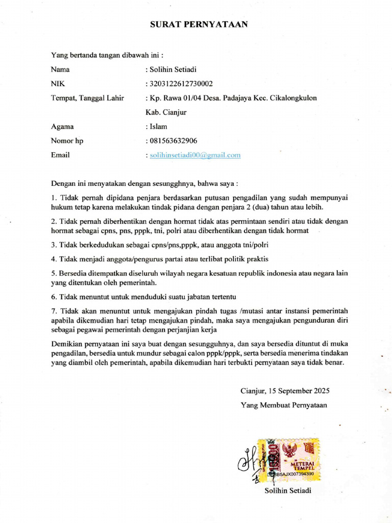 Surat Pernyataan Solihin | PDF