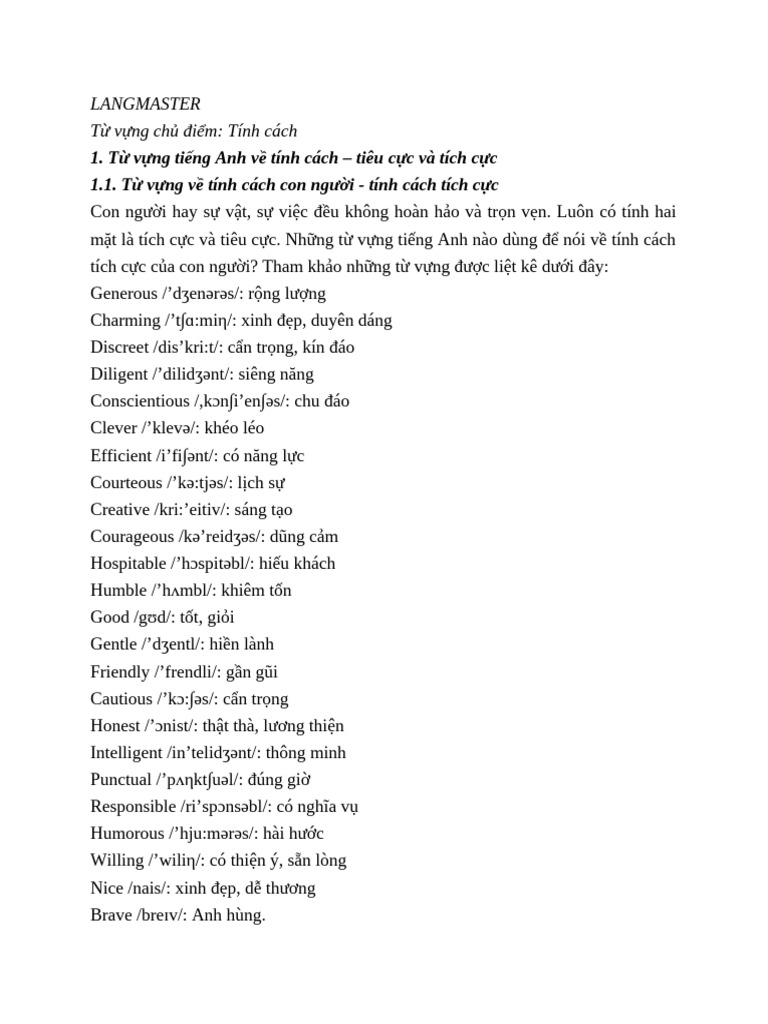 Từ Vựng Tiếng Anh Chủ Đề Về Tính Cách - Nguồn LANGMASTER | PDF