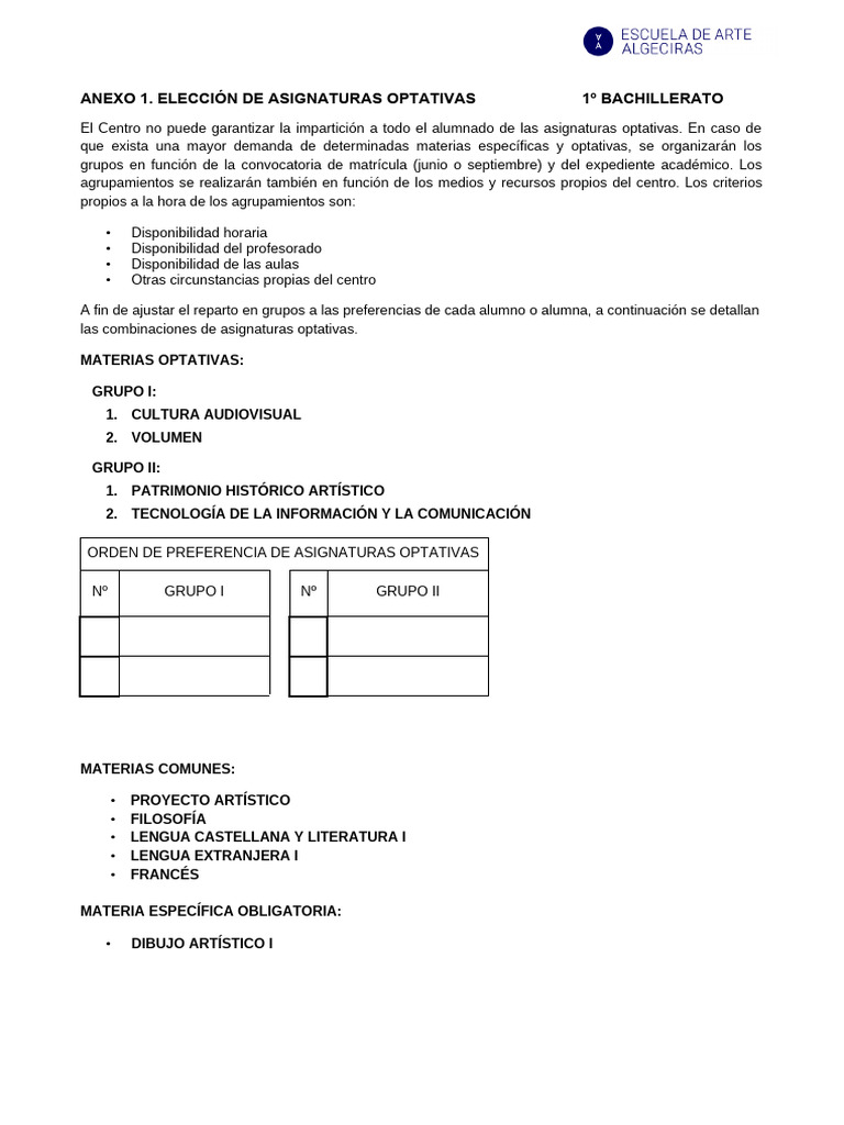 Optativas 1 Bachillerato | PDF