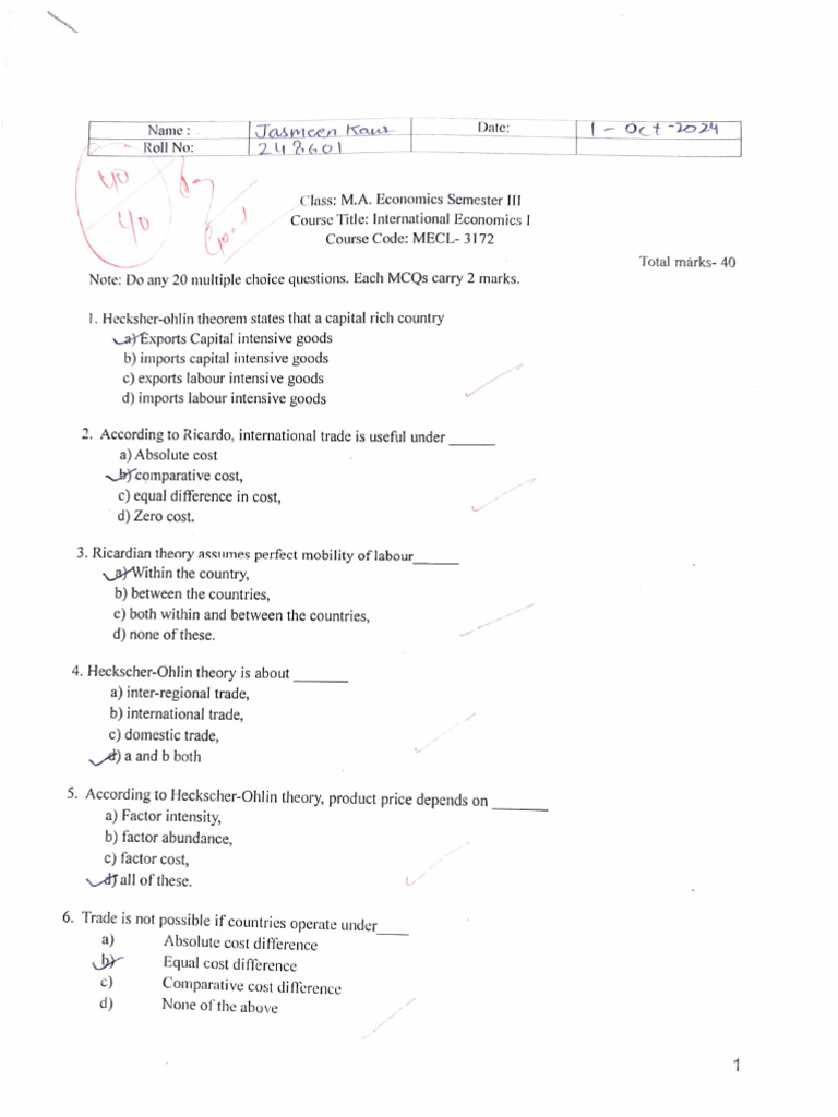 2024-25 Ma Int. Eco. Mcqs For MST | PDF | Tariff | International Business