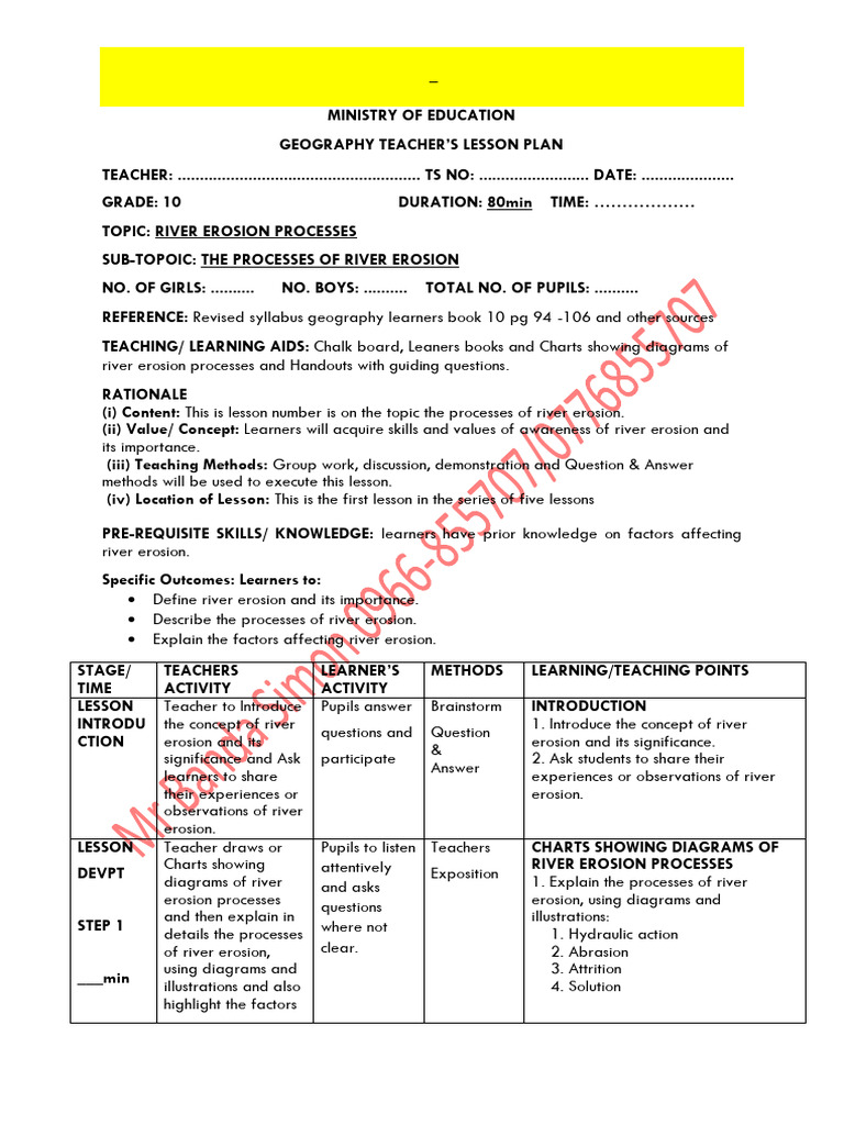 Geo Lesson Plan River Erosion by MR Banda 0966855707 | PDF | Lesson ...