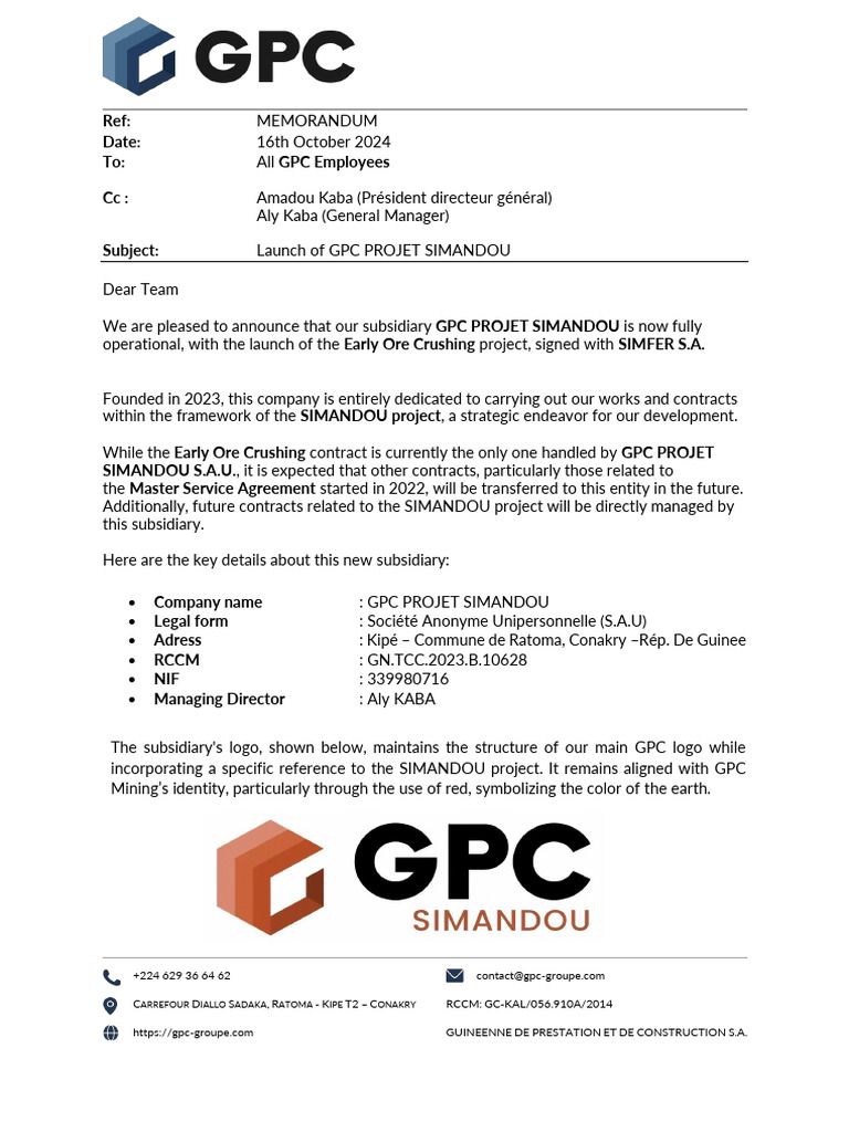 Mémo Lancement GPC PROJET SIMANDOU - English Version | PDF | Business