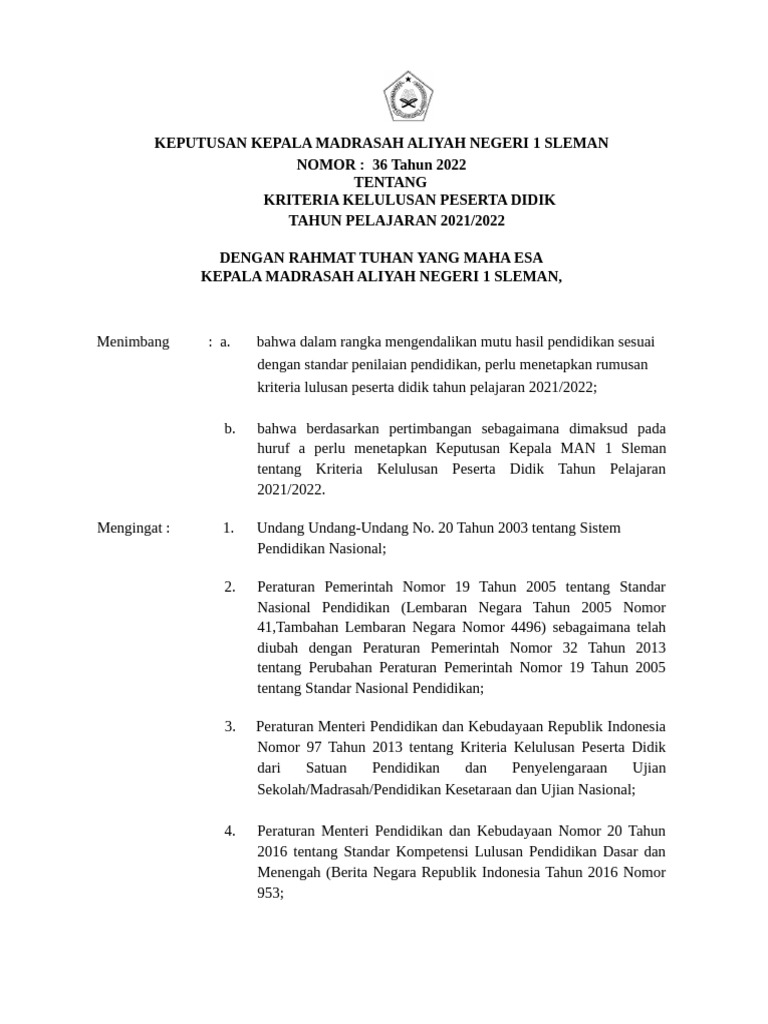 SK Kriteria-Lulusan-Man 1 Sleman 2022 | PDF