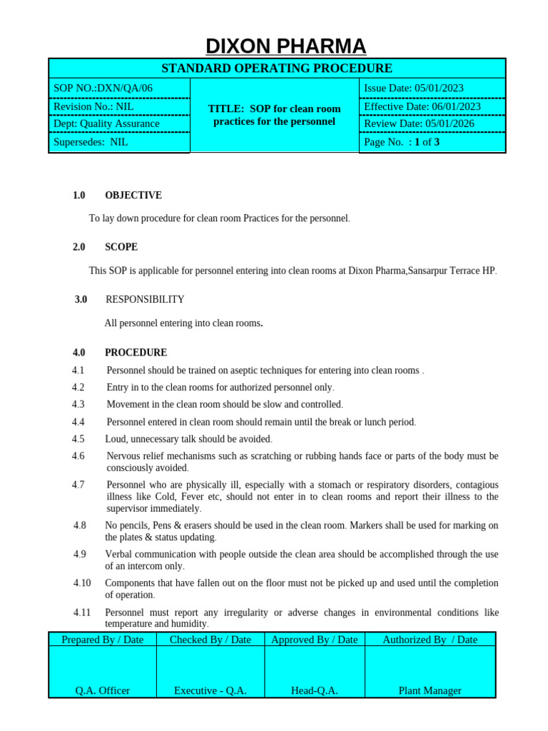 Clean Room SOP for Personnel Practices | PDF | Quality Assurance
