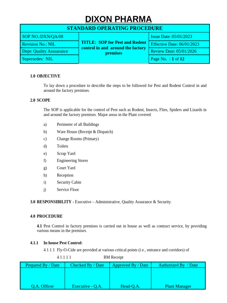 Pest and Rodent Control SOP | PDF | Pest Control | Quality Assurance