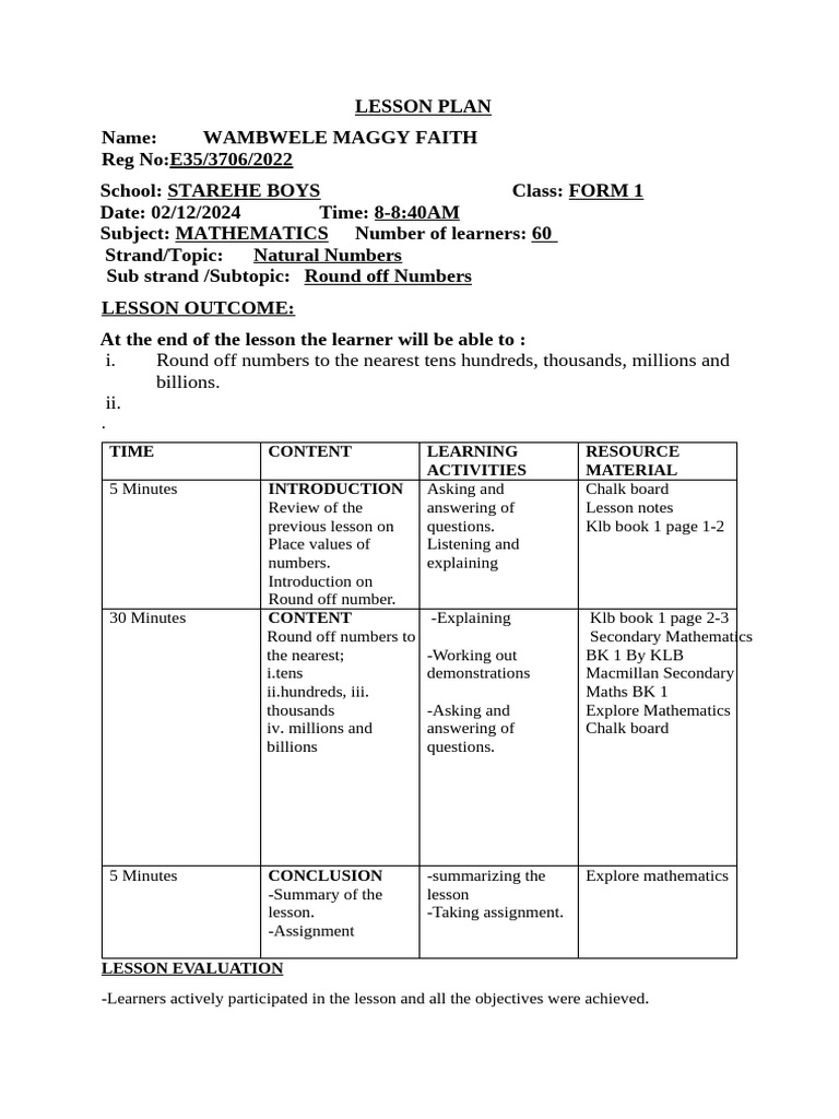 LESSON PLAN Natural Numbers | PDF