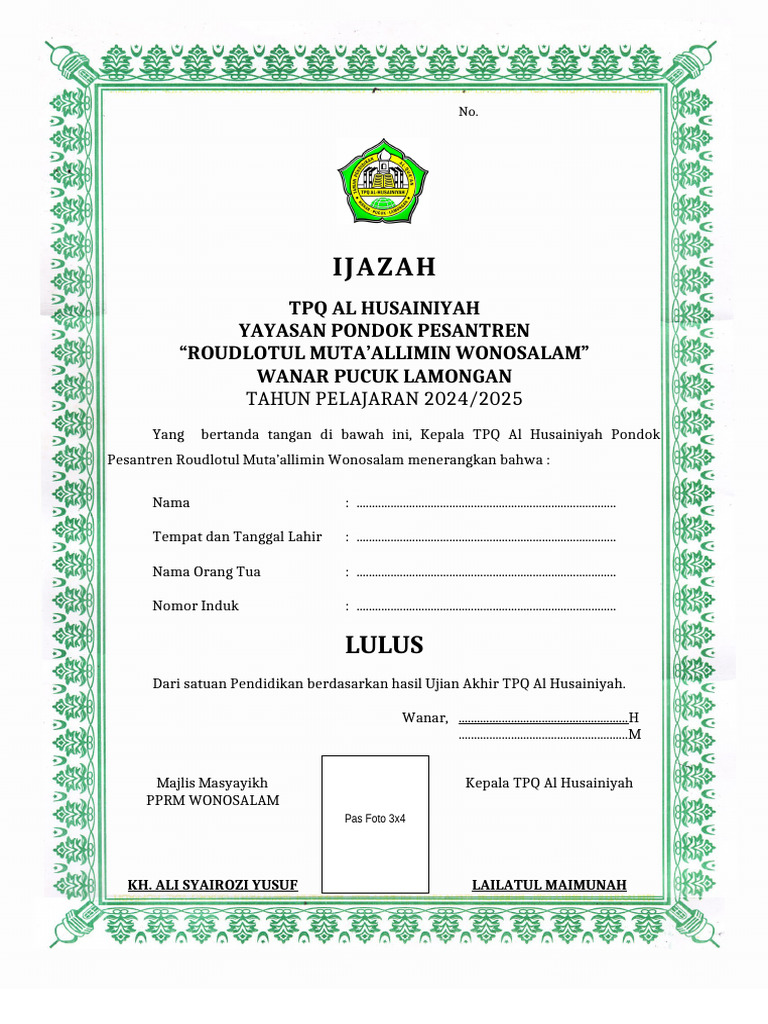 Ijazah TPQ Al Husainiyah 2024/2025 | PDF