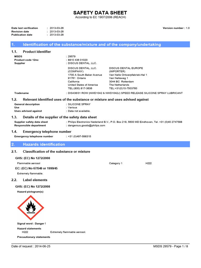 Silicone Spray Safety Data Sheet | PDF