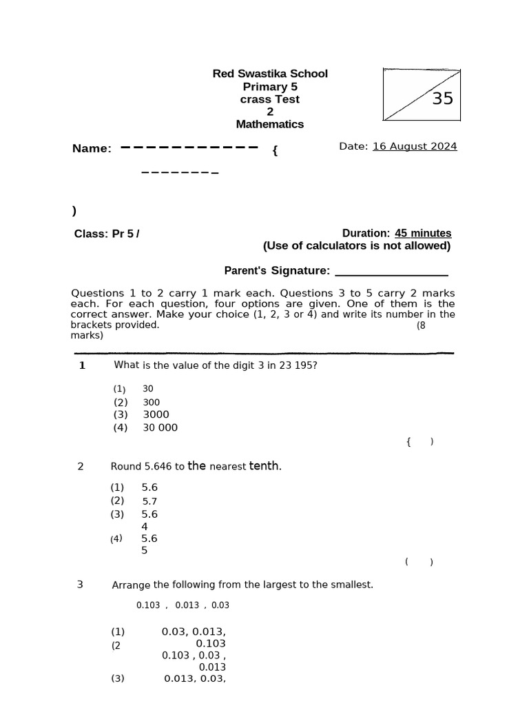 P5 Maths WA2 2024 RedSwastika Exam Papers | PDF