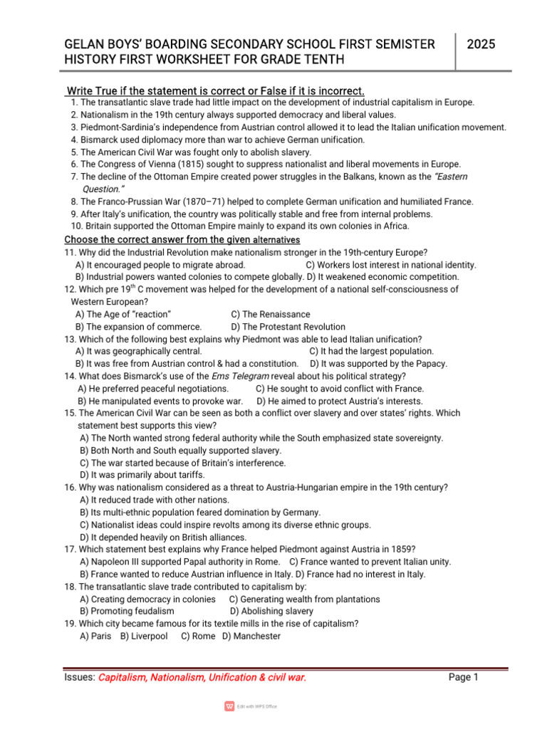 10th Grade History Worksheet: Capitalism & Nationalism | PDF