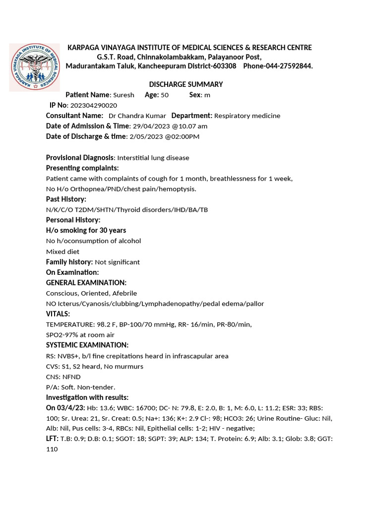 Discharge Summary for ILD Patient Suresh | PDF