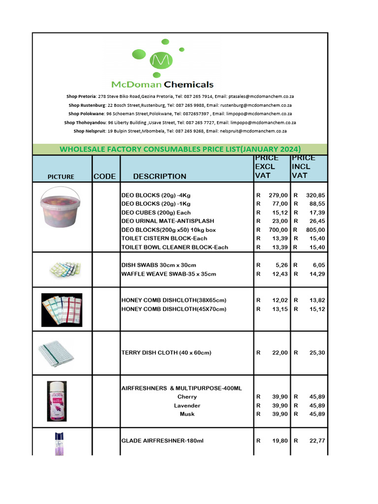 McDoman Consumables Price List - January 2024 | PDF | Industrial Processes