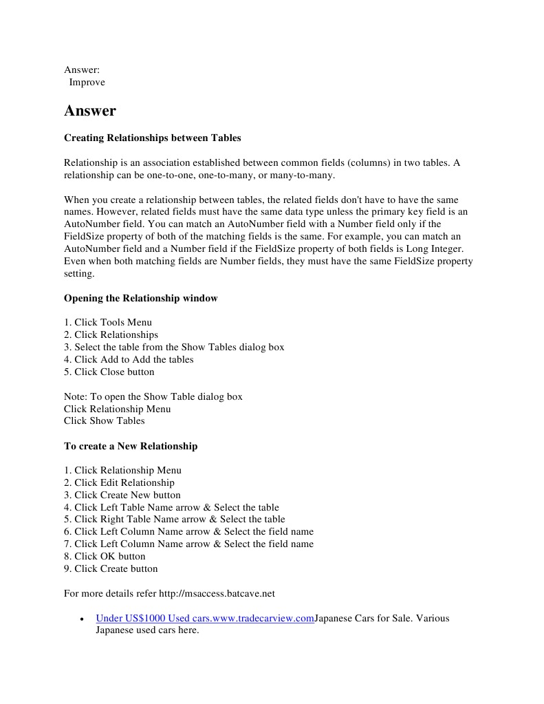Answer Creating Relationships Between Tables Pdf I Pv6 Computer Data